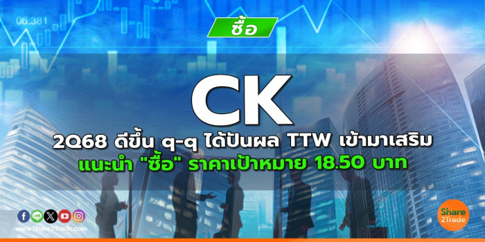 CK 2Q68 ดีขึ้น q-q ได้ปันผล TTW เข้ามาเสริม แนะนำ "ซื้อ" ราคาเป้าหมาย 18.50 บาท | Share2Trade